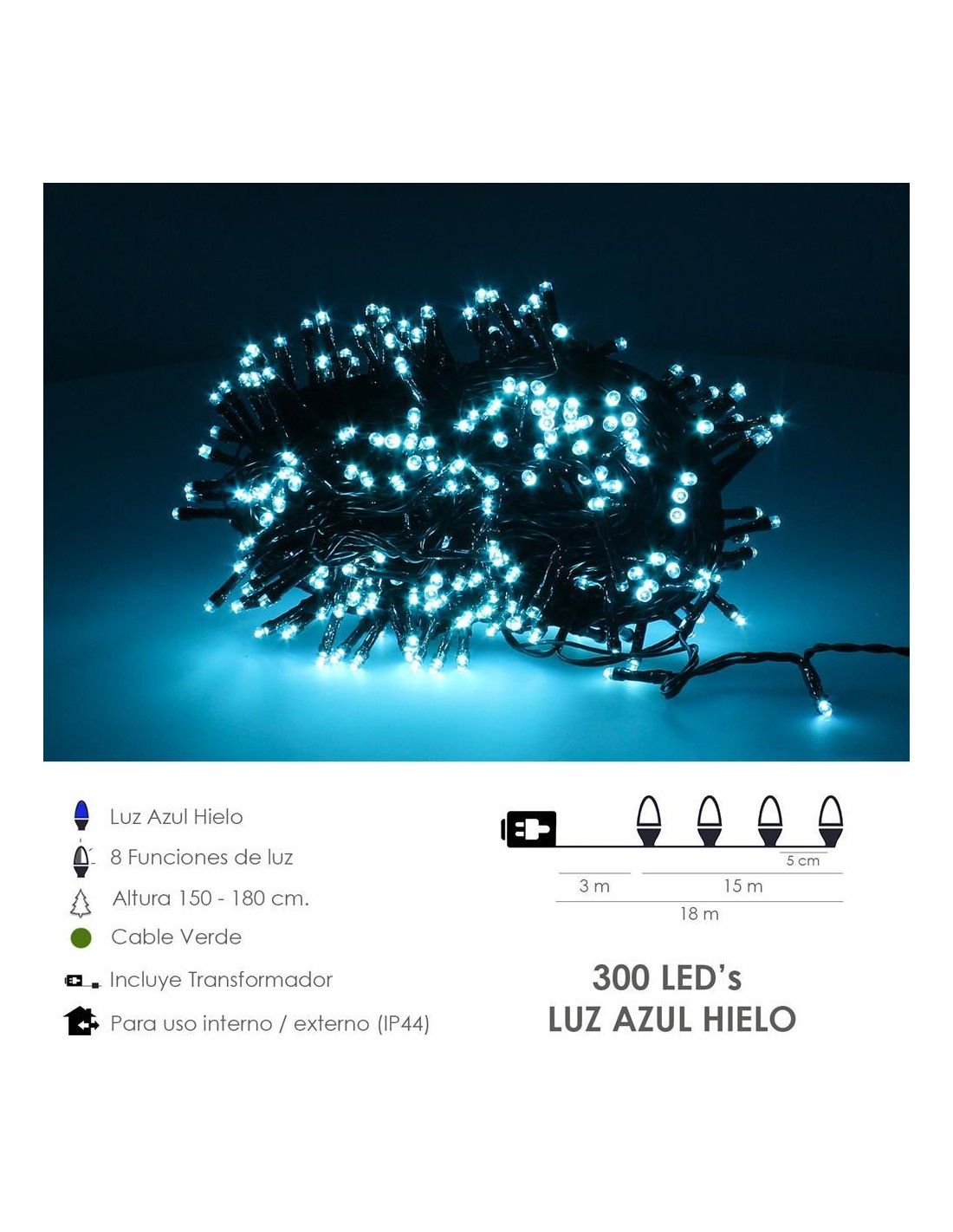 Luzes de Natal 300 Leds Azul Gelo Cor IP44